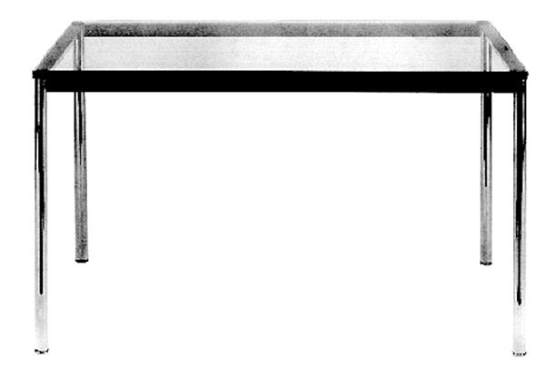 Le Corbusier dining table rectangular tubular legs. Clear glass top